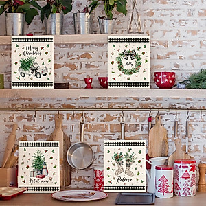 6 Pieces Christmas Swedish Kitchen Table Dishcloths Reusable Christmas Dish Towels Absorbent Cleaning Cloth Fast Dry Kitchen Dishcloth with Santa, Snowman, Christmas Tree, Deer (Black White, Tree)