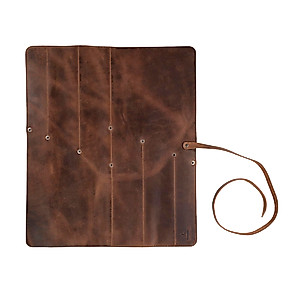 Cast Leather Co., Rectangular Knife Roll with 6 Slots, Portable Knife Organizer Case, Travel Bag, Cooking Accessory, Full Grain Leather, Handmade, Bourbon Brown