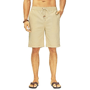 Janmid Men's Linen Shorts Casual Elastic Waist Drawstring Summer Beach Shorts Light Khaki M