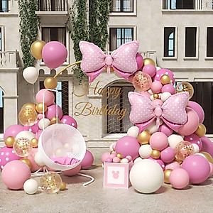 MeiWuKaBH Pink Mouse Balloon Garland Arch Kit for Cartoon Mouse Theme Birthday Party Decorations Girl Kids, Pink White Red Bow Foil Balloons for Mouse Baby Shower Party Decorations