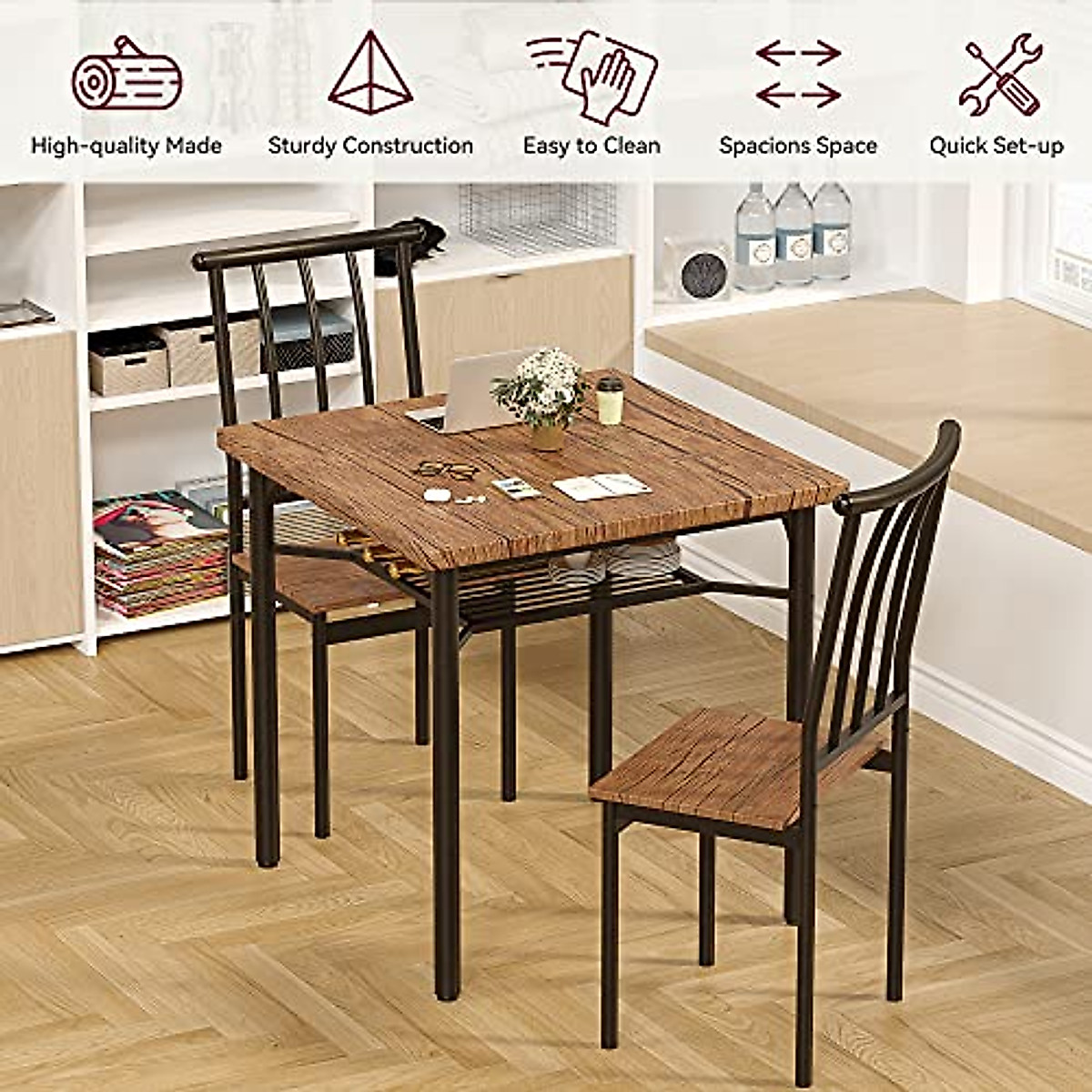 Amyove Kitchen Chairs with Wine Rack 3 Piece Square Dining Room Table Set for Small Space, Rustic Brown