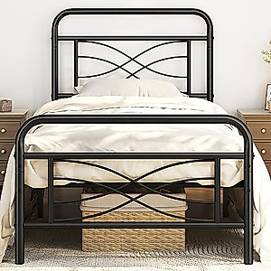 Topeakmart Twin Bed Frames Metal Bed with Vintage Style/Criss-Cross Design Headboard/Mattress Foundation/No Box Spring Needed/Under Bed Storage/Strong Slat Support Black Twin Bed