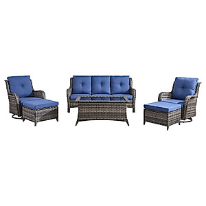 HUMMUH Patio Furniture 6 Pieces Outdoor Furniture Set Wicker Outdoor Sectional Sofa with Swivel Rocking Chairs,Patio Ottomans,Patio Coffee Table