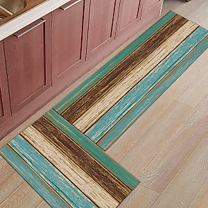 Infinidesign 2 Piece Rustic Wood Kitchen Mats Set 19.7x31.5inch+19.7x47.2inch, Anti-Fatigue Non-Slip Chef Mat Kitchen Rug Cushioned Floor Rugs, Retro Green Brown Wooden Plank