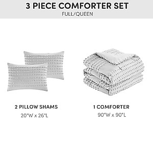 Comfort Spaces Cotton Comforter Set Jacquard Pom-Pom Tufts Design, Down Alternative, All Season Modern Bedding, Matching Shams, Full/Queen, Phillips, Grey, 3 Piece