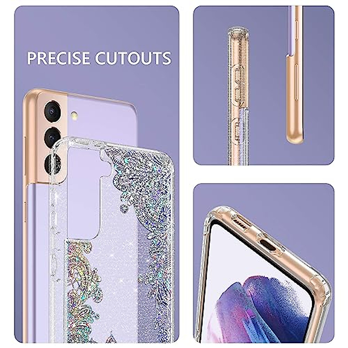 KIOMY Clear Glitter Case with Laser Lace Design for Samsung Galaxy S21 5G, Slim Fit Sparkle Fashion Flower Back Cover for Girl Women, Flexible TPU Sparkly Cute Floral Skin for Samsung S21 (Slim, Lace)
