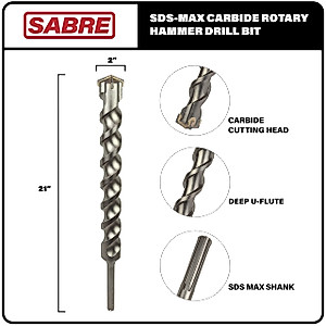 Sabre Tools Sabre Tool 2 Inch x 21 Inch SDS MAX Rotary Hammer Drill Bit, U-Flute, Carbide Tipped for Brick, Stone, and Concrete SDS MAX Drivers ONLY (2inches x 15inches x 21