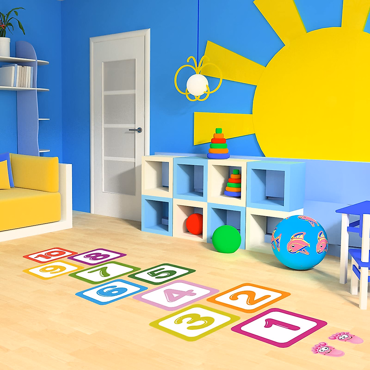 Yuehuam Number Footprint Floor Sticker Puzzle Games Number Hopscotch Sticker Floor Decals Creative Lattice Floor Sticker for Room Classroom Nursery Ground Corridor Decor