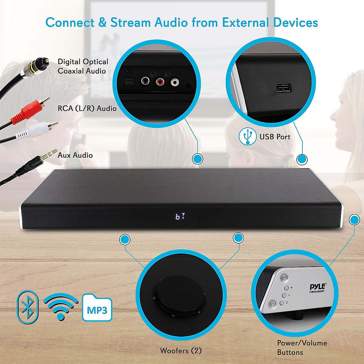 Pyle Surround Sound TV Sound Bar - Bluetooth Compatible Wireless Soundbar For TV w/ Built in Subwoofer Speaker - Television Sound Bar System w/ LCD/Optical Audio/RCA/AUX/USB/Coaxial PSBV620BT