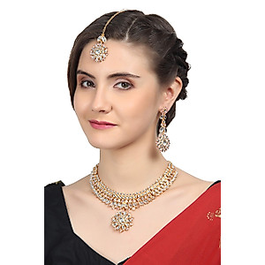 Touchstone gold tone Indian Hollywood Mughal era Kundan look fuchsia color bridal jewelry necklace set
