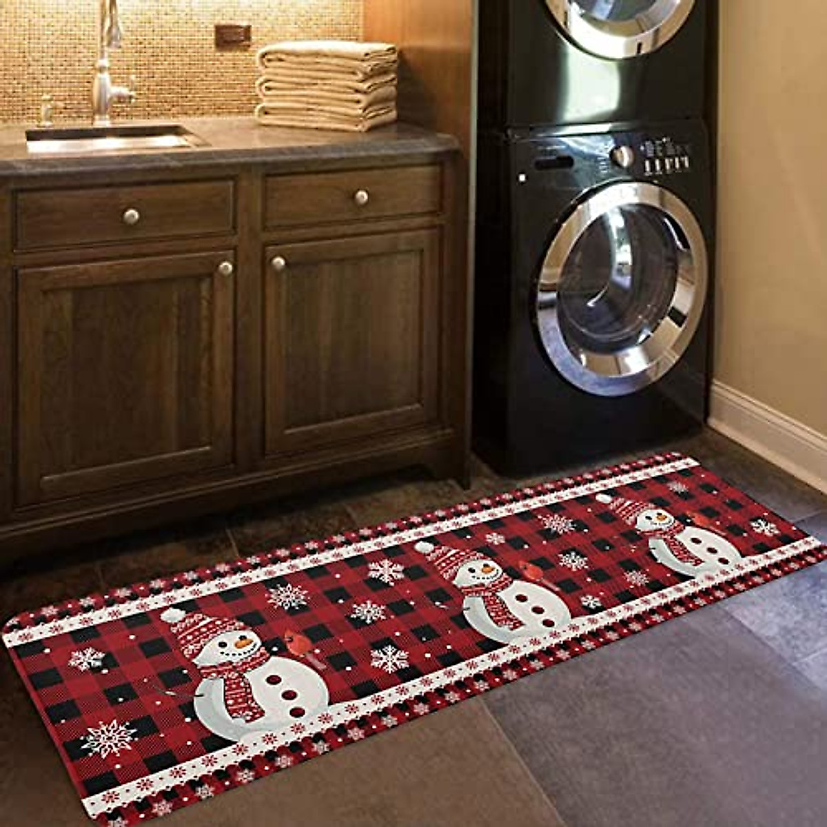 Kitchen Mat Rug 1 PCS Christmas Tres Snowman Snowflake Black and Red Plaid Buffalo Runner Rug Anti-Fatigue Comfort Memory Foam Standing Mat Non-Slip Floor Door Mat for Bathroom Bedroom 18x47in