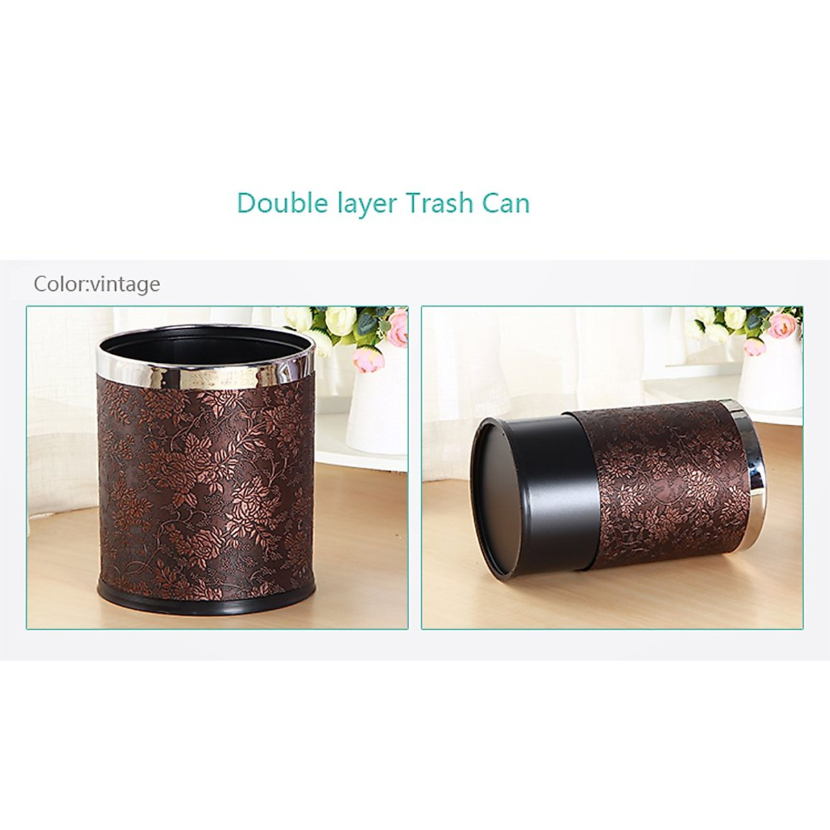 Trash Can Luxury Double Layer Leather with Stainless Steel Ring Metal Waste bin 10L Garbage Container Dustbin case for Hotel Office (Vintage)