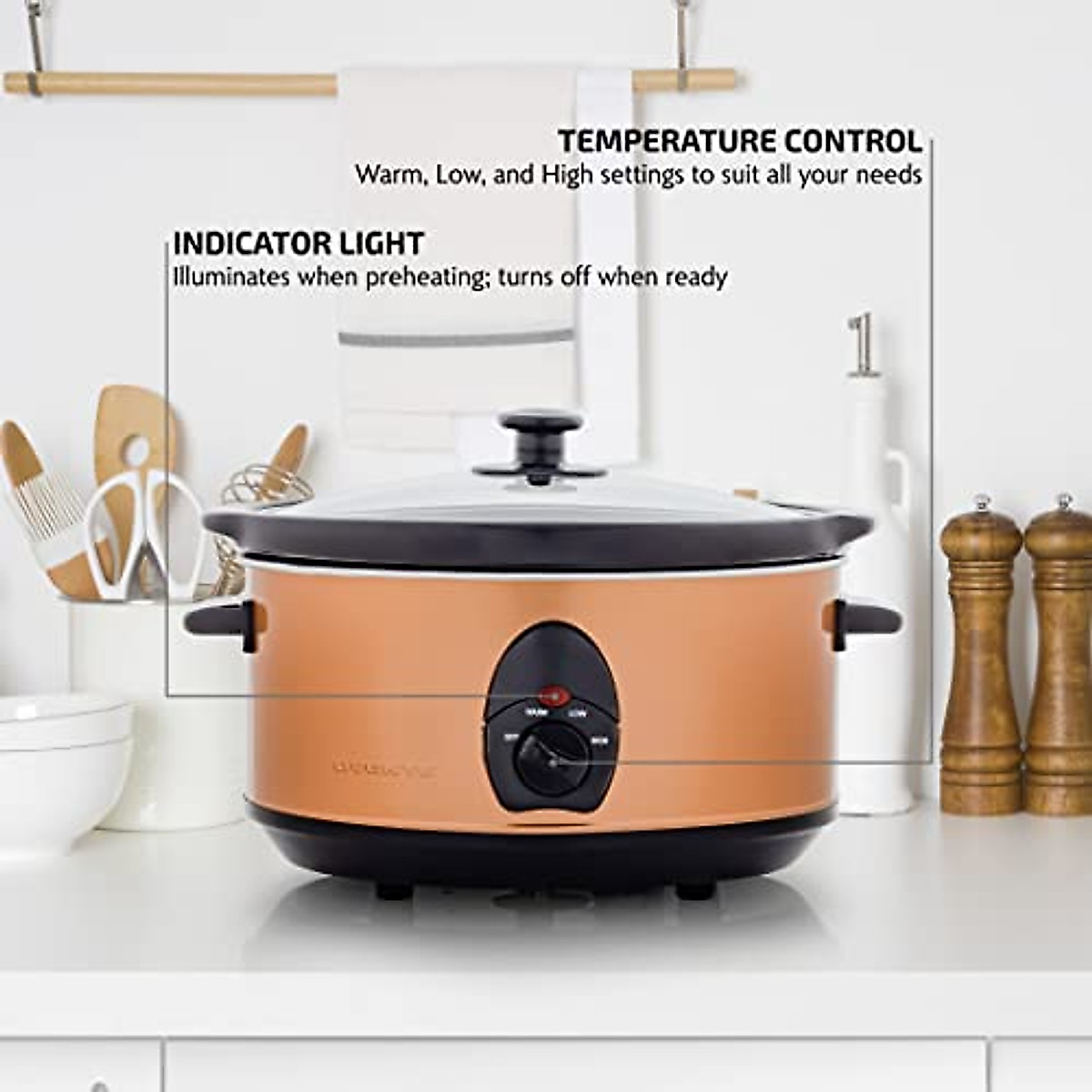 OVENTE Electric Slow Cooker with 3.7 Qt Ceramic Pot and 3 Cooking Settings, Dishwasher-Safe Stoneware, Tempered Glass Lid, Portable Multicooker Perfect for Soups Sauces Stews & Dips, Copper SLO35ACO1