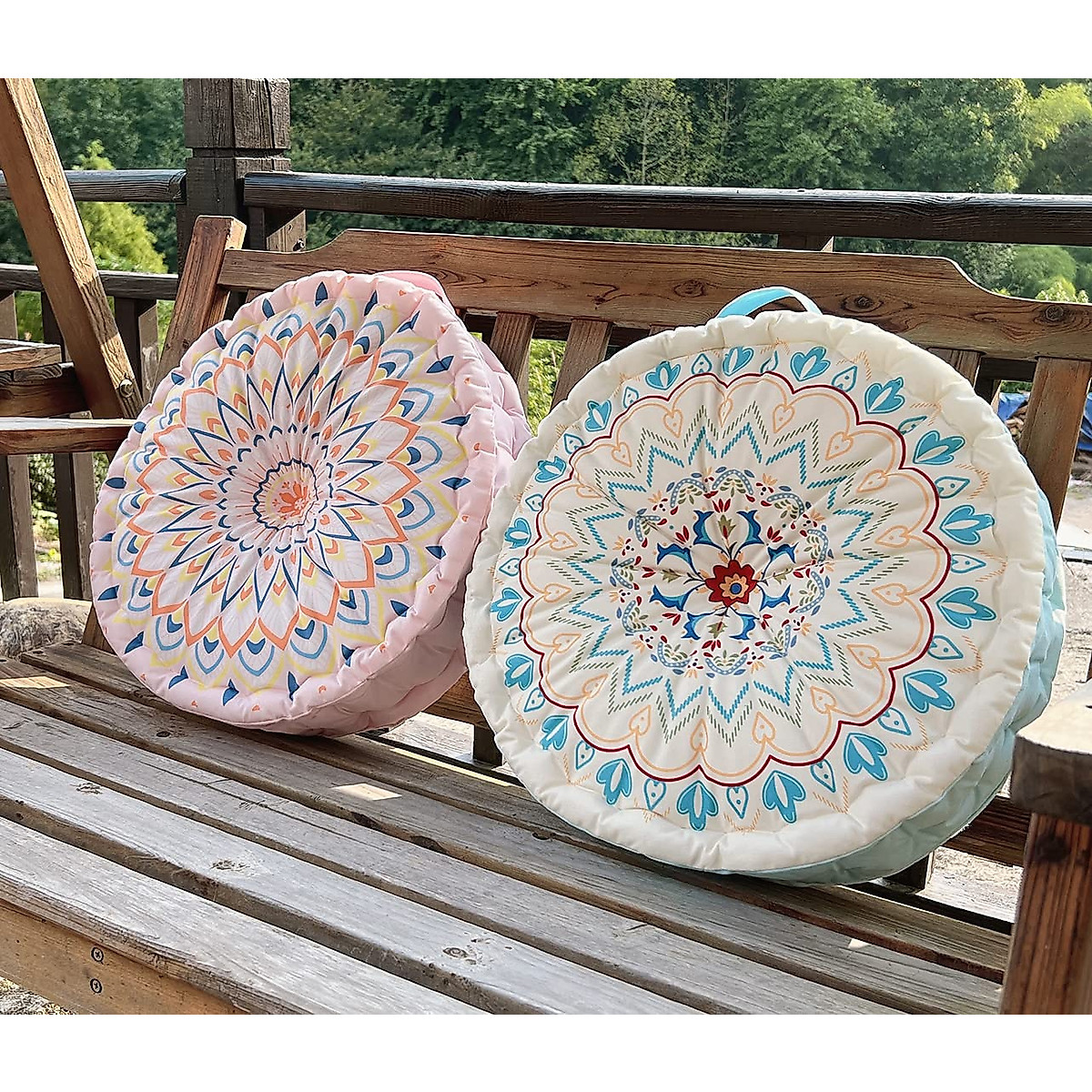 vctops Boho Print Round Chair Pad with Handle Soft Velvet Chiar Cushion Floral Pattern Thicken Seat Cushion for Dining Chairs, Office Chairs, Hardwood Floors (Blue A,16"x16")