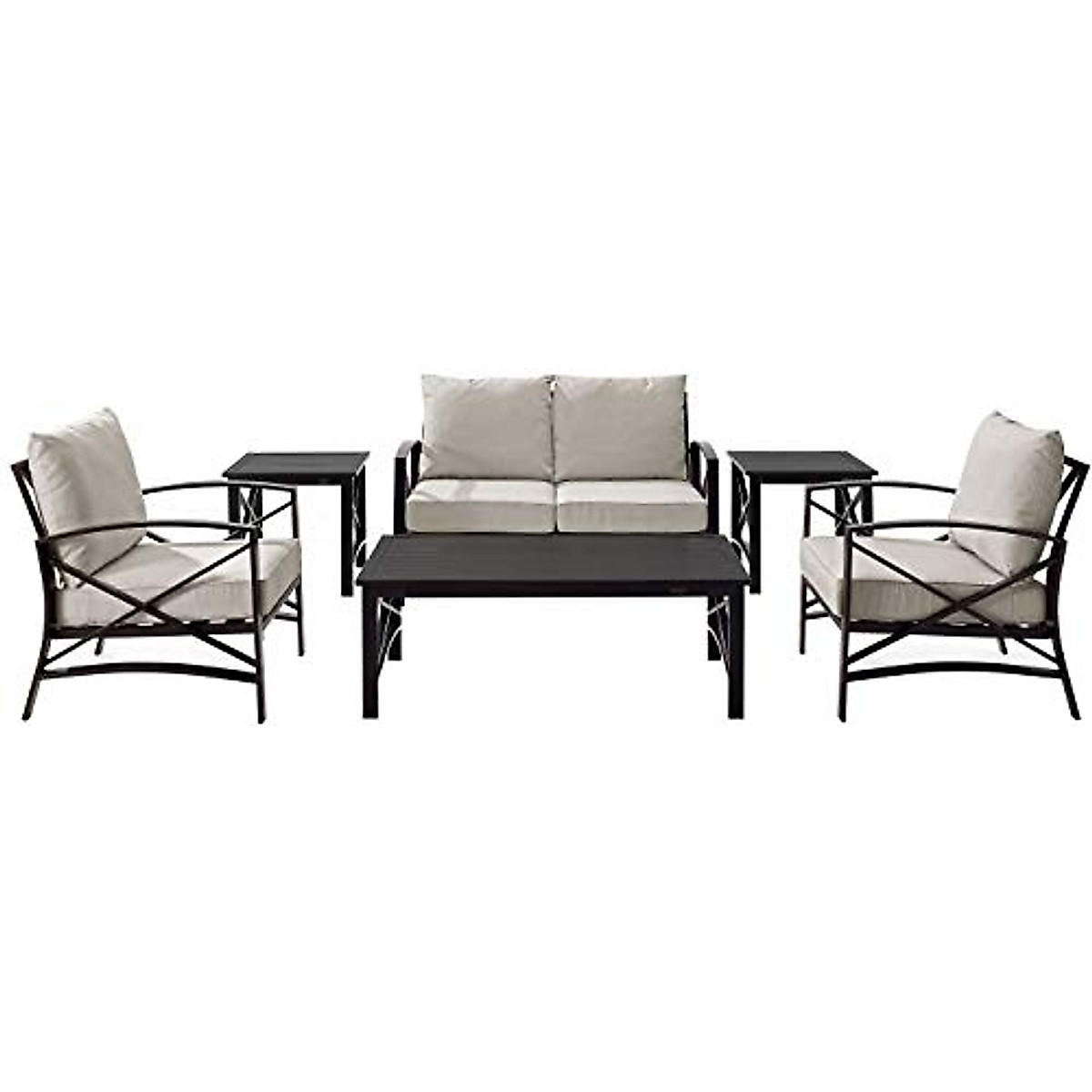 Crosley Furniture Kaplan 6-Piece Outdoor Loveseat Patio Furniture Set, Conversation Sets for Porch, Deck, Oiled Bronze with Oatmeal Cushions