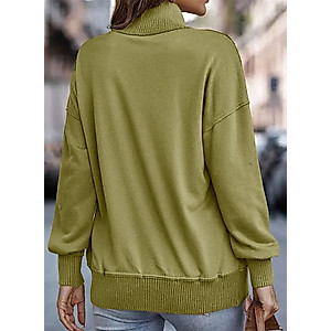 SHEWIN Sweatshirt For Women Loose Fit Casual Button V Neck Solid Lightweight Pullover Sweatshirts Long Sleeve Fall Tops with Pocket,US 8-10(M),Pickle Green