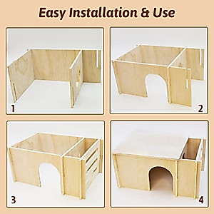 Fhiny Guinea Pig Wood House with Hay Feeder, Detachable Chinchilla Hut Hideout Small Animal Hideout Hideaway Natural Hamster Habitat Decor for Guinea Pig Chinchilla Dwarf Rabbit Hamster