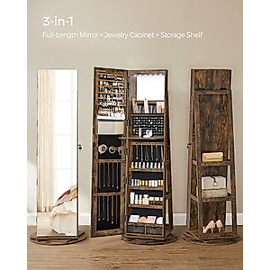 SONGMICS 6 LEDs Lockable Mirror Jewelry Cabinet, 360°Swivel Jewelry Organizer, Standing Jewelry Armoire, Frameless Full-Length Mirror, 3 Storage Shelves, Rustic Brown Surface, Black Lining UJJC007X01