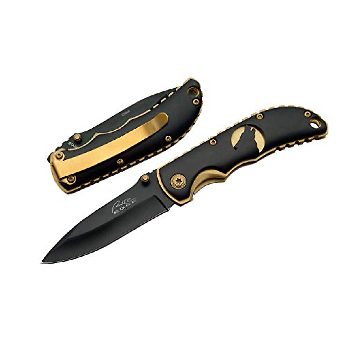 Rite Edge 211193-WF Wolf Folding Knife, Black/Gold