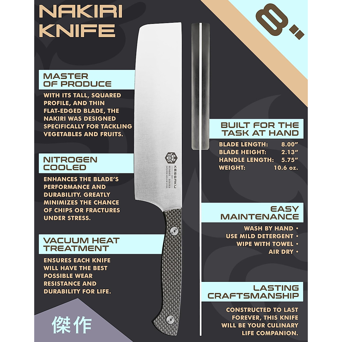 KESSAKU 8-Inch Nakiri Vegetable Cleaver Knife - Senshi Series - Forged Japanese AUS-8 High Carbon Stainless Steel - Carbon Fiber G10 Handle with Sheath