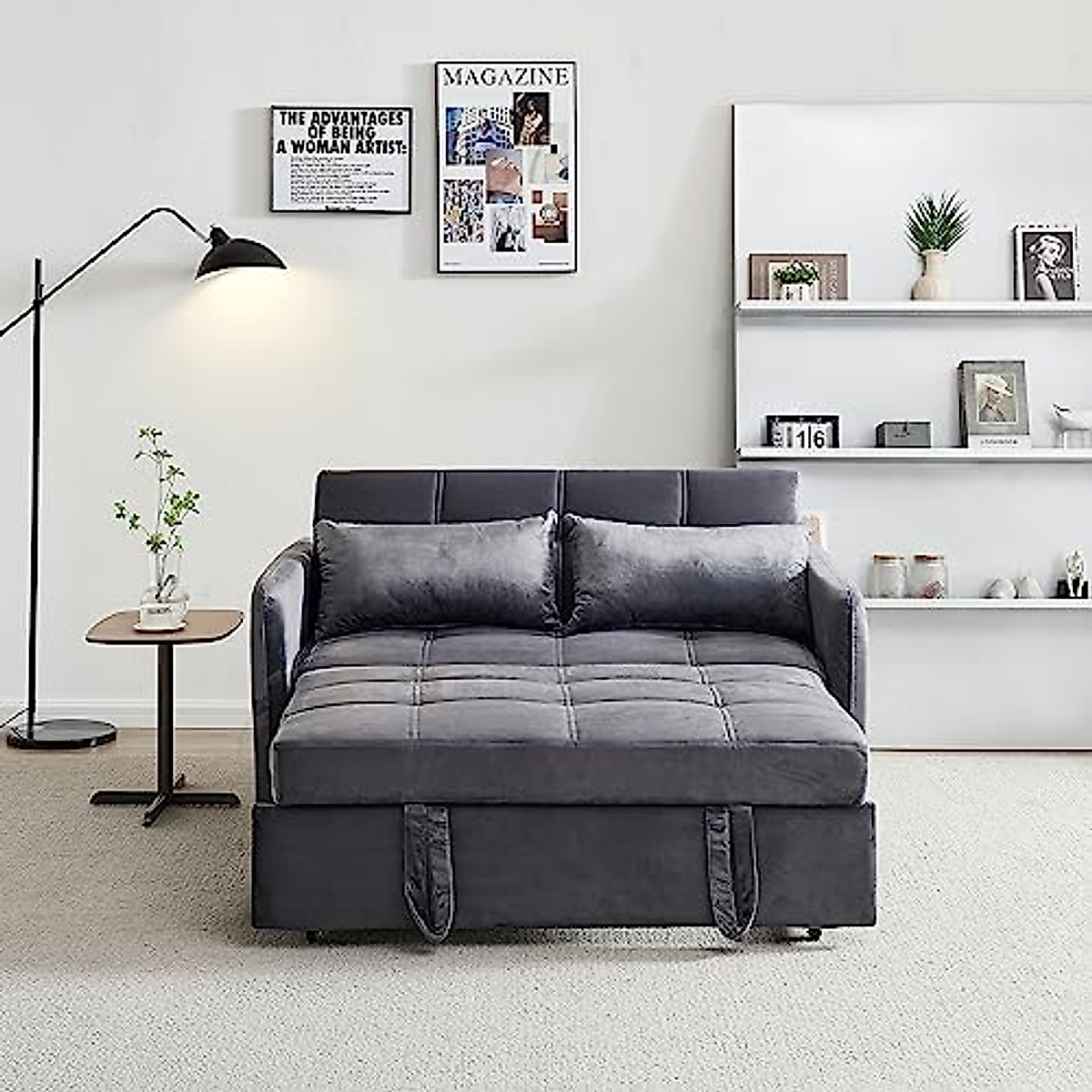Velvet Pull Out Sleeper Sofa Bed with USB Ports, Convertible Futon Couch with Adjustable Backrest, 3 in 1 Modern Loveseat with 2 Pockets and Pillows, Small Love Seat for Living Room, Office, Dark Grey