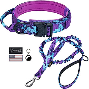 Hotsky Tactical Dog Collar and Leash Set, Heavy Duty Military Airtag Dog Collar with Handle and Metal Buckle for Training and Walking, with Airtag Holder and Two Patches(Purple Camo, L)