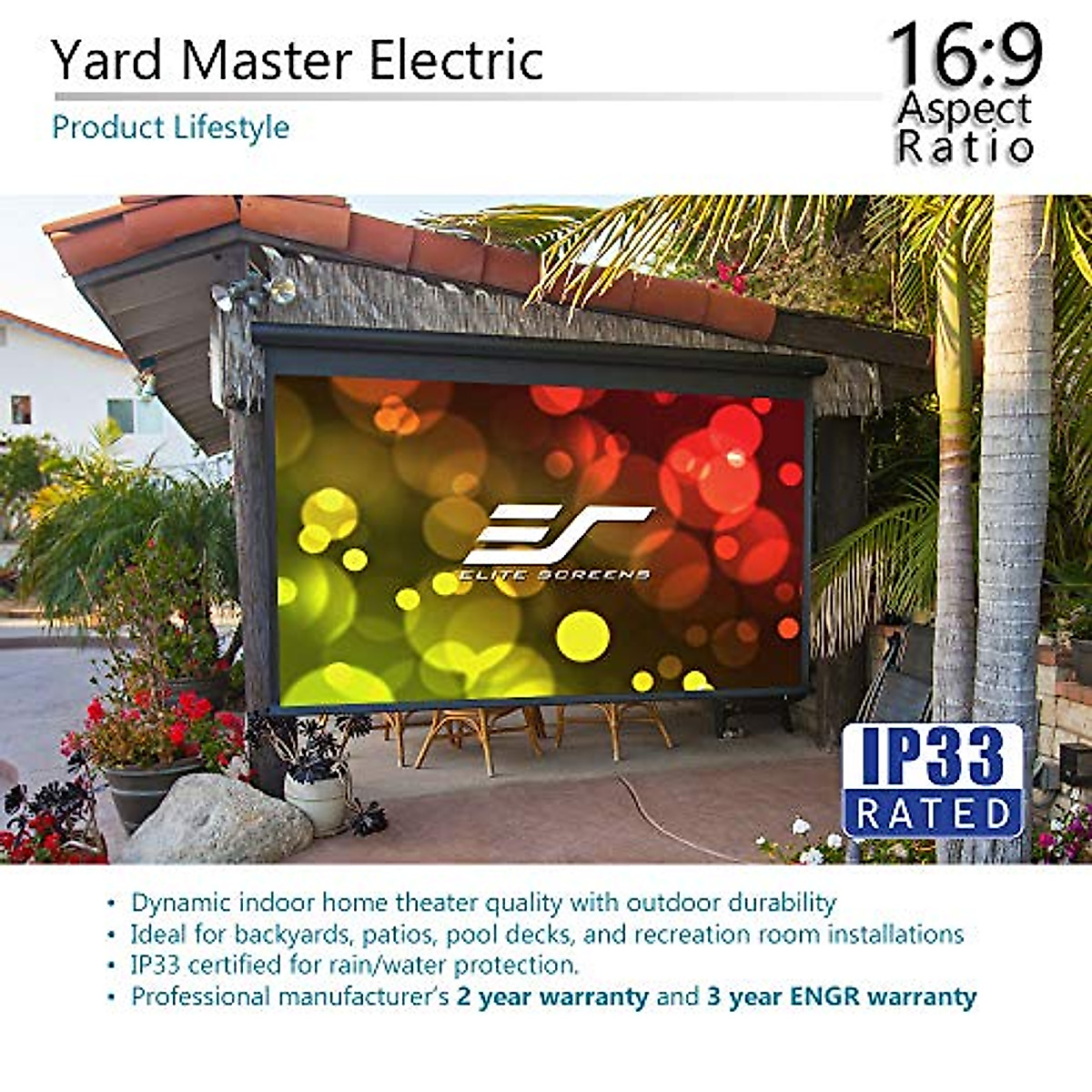 Elite Screens Yard Master Electric, 120 Inch 16:9, Outdoor Motorized Automatic Projector Projection Screen IP33, Rain/Water Protection 8K 4K Ultra HD Movie - US Based Company 2-YEAR WARRANTY