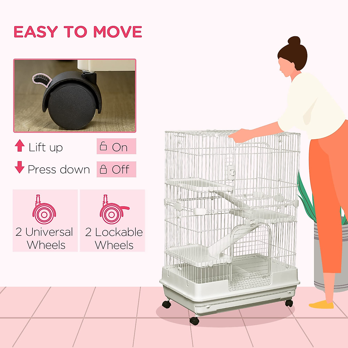 PawHut 4-Level Small Animal Cage Rabbit Hutch with Wheels, Removable Tray, Platform and Ramp for Bunny, Chinchillas, Ferret, White