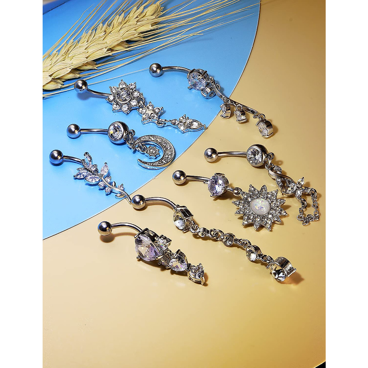 Vsnnsns 14G Belly Button Rings for Women Stainless Steel CZ Opal Long Dangle Belly Button Piercing Jewelry Belly Rings Bars Curved Navel Ring Barbell Body Jewelry Piercing for Women Men Silver 8Pcs