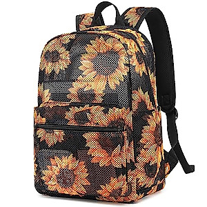 Xunteny Sunflower Mesh Backpack for Girls Women, Semi-Transparent Kids School Backpack College Bookbag Casual Daypacks for Beach Gym Travel (Black)