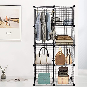 BANGTANE Wire Cube Storage Organizer, 8-Cube Grid Storage Shelves, Modular Wire Shelving Units, DIY Closet Cabinet Organizer for Home, Office, Living Room, 14” x 14”, Black (8 Cubes)