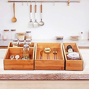 FILWH 5 Piece Bamboo Drawer Organizer Set, Luxury Wooden Desk Storage Box Kit, Multi-use Junk Drawer Organizer for Office, Kitchen, Bedroom, Children Room, Craft, Sewing