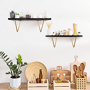 Black Floating Shelves, Wood Wall Mounted Floating Boards, Marbling Wall Shelves with Metal Brackets for Bedroom, Bathroom, Living Room, Kitchen, Laundry Room, Floating Shelves for Wall Decor Set of 2