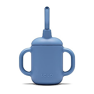 Lalo Little Cup, Non-Toxic Silicone Straw Cup with Handles - Baby and Toddler Sippy Cup - Mini Cup and Straw Training System, 4oz, Blueberry