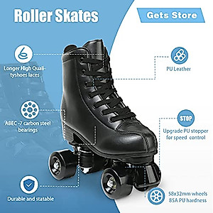 Gets Womens Roller Skates Light Up Wheels, Artificial Leather Adjustable Double Row 4 Wheels Roller Skates Shiny Skates for Teens,Adult (Black Wheel,38-US: 7)