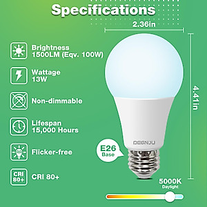 DEGNJU 100W Equivalent A19 5000K Daylight LED Light Bulbs, 1500 Lumens, E26 Base, Non-Dimmable, 13W Bright White for Bedroom Home Office, 3 Pack