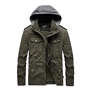 Men's Military Jacket Casual Cotton Lightweight Windbreaker with Removable Hood (Large, Army Green)
