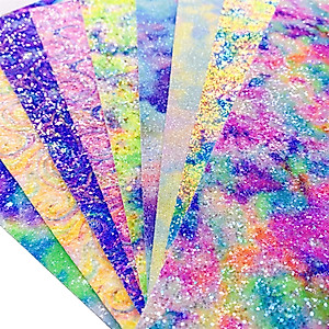 Shalun Iridescence Tie dye Faux Leather Sheets 8x12inch Sparkly Colorful Rainbow Camouflage Print Chunky Glitter Leatherette Fabric for Cricut Bows Earrings