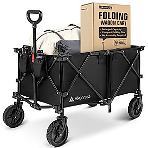 Hikenture Folding Wagon Cart, Portable Large Capacity Beach Wagon, Heavy Duty Utility Collapsible Wagon with All-Terrain Wheels, Outdoor Garden Cart Foldable Wagon for Sports, Shopping, Camping(Black)