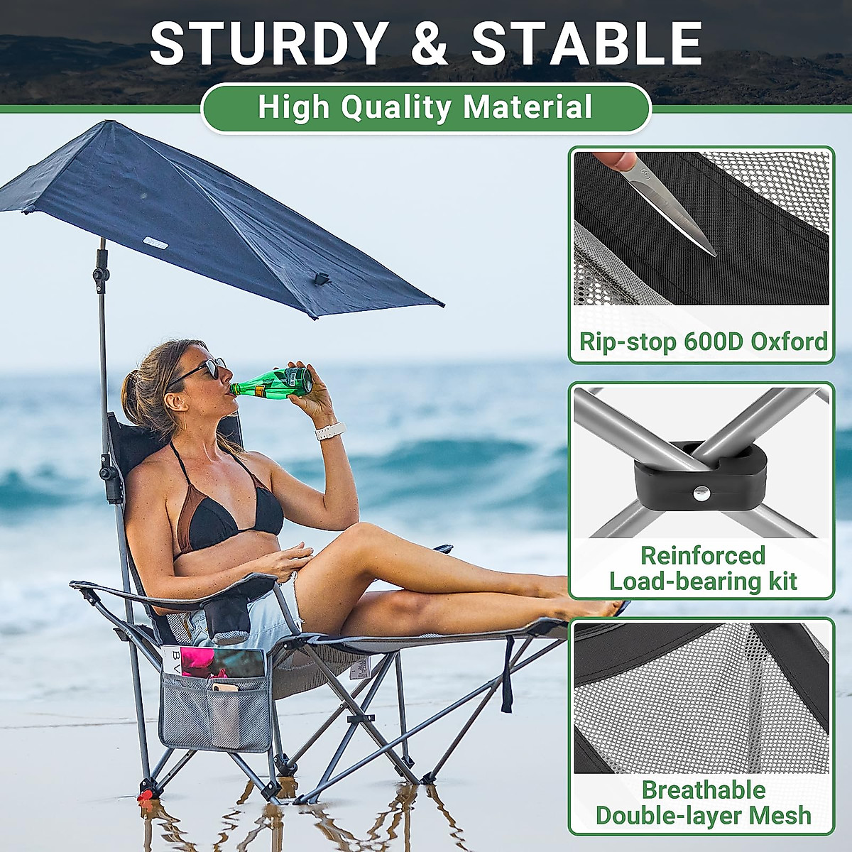 #WEJOY 2-in-1 Reclining Camping Chair with Removable Umbrella Lightweight Folding Camping Chair with Adjustable Backrest & Footrest Portable Patio Lounge Chair with Headrest, Cup Holder for Outdoor