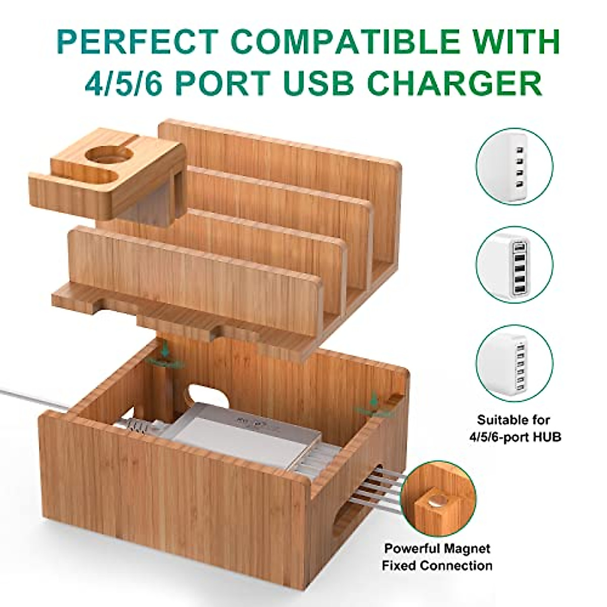 Bamboo Charging Station for Multiple Devices with 5 Port USB Charger, 6 Cables and Smart Watch & Earbuds Stand. Pezin & Hulin Desk Docking Stations Electronic Organizer for Cell Phone, Tablet