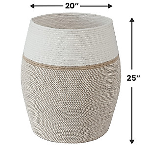 Organizix XXXL Extra Large Woven Cotton Rope Tall 25" Height Laundry Hamper Basket with Handles, Storage Basket for Toys, Blanket, and Towels - 20 x 25, White/Brown