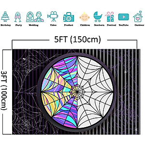 MECOLO Fabric Spider Web Window Gothic Backdrop Wednesday Horror Theme Birthday Photography Background Kids Party Decorations Black White Stripe Photo Banner Props