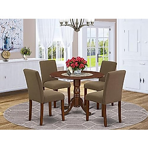 East West Furniture DLAB5-MAH-18 5 Piece Kitchen Table & Chairs Set Includes a Round Dining Room Table with Dropleaf and 4 Coffee Linen Fabric Parson Dining Chairs, 42x42 Inch, Mahogany