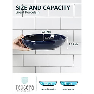 Teocera Pasta Bowls, Salad Bowls Set, Large Serving Bowls, 50 Ounce Porcelain Navy Bowls Set of 4 - Square Design, Microwave Dishwasher Safe