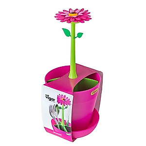 Vigar Flower Power Cutlery Drainer, Four-compartment Flatware Organizer, Flower-pot Design, Pink