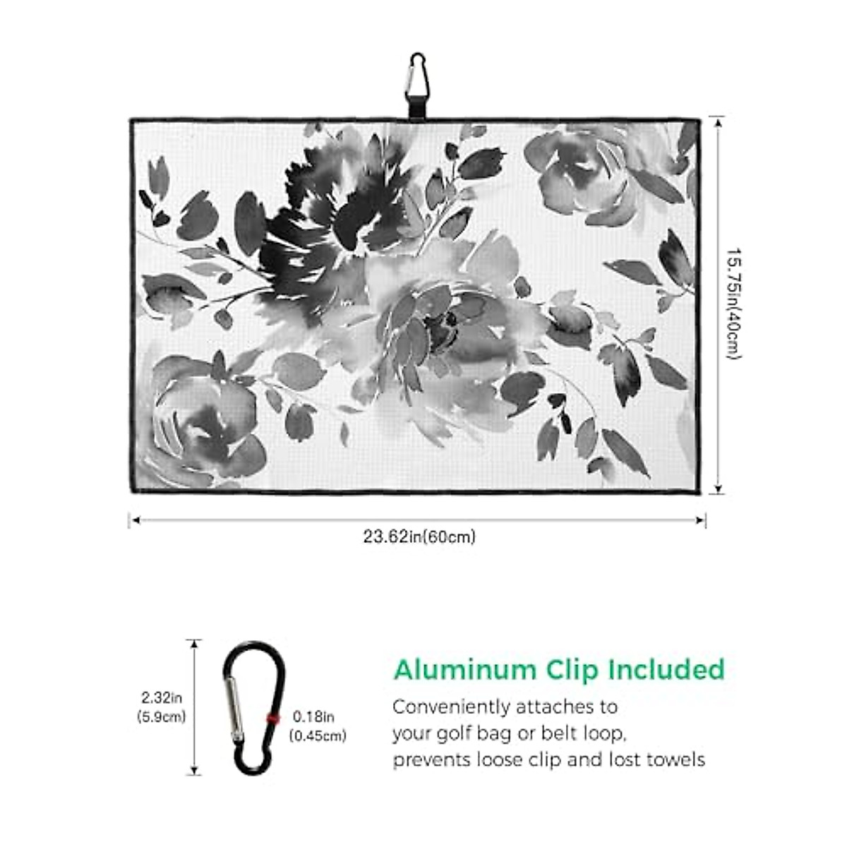 Golf Towel Black Grey Gradient Watercolor Floral White,Waffle Pattern Microfiber Club Cleaner Golf Towels with Carabiner Clip for Women Men Dad,Flower Ink and Wash Golf Towel for Golf Bags,24x16in