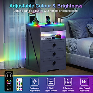 Lvifur RGB Nightstand with Gun Drawer, Glass Top Bedside Table with Wireless Charger Station, LED Night Stand with Human Sensor Design, Modern End Table for Bedroom Living Room (White)
