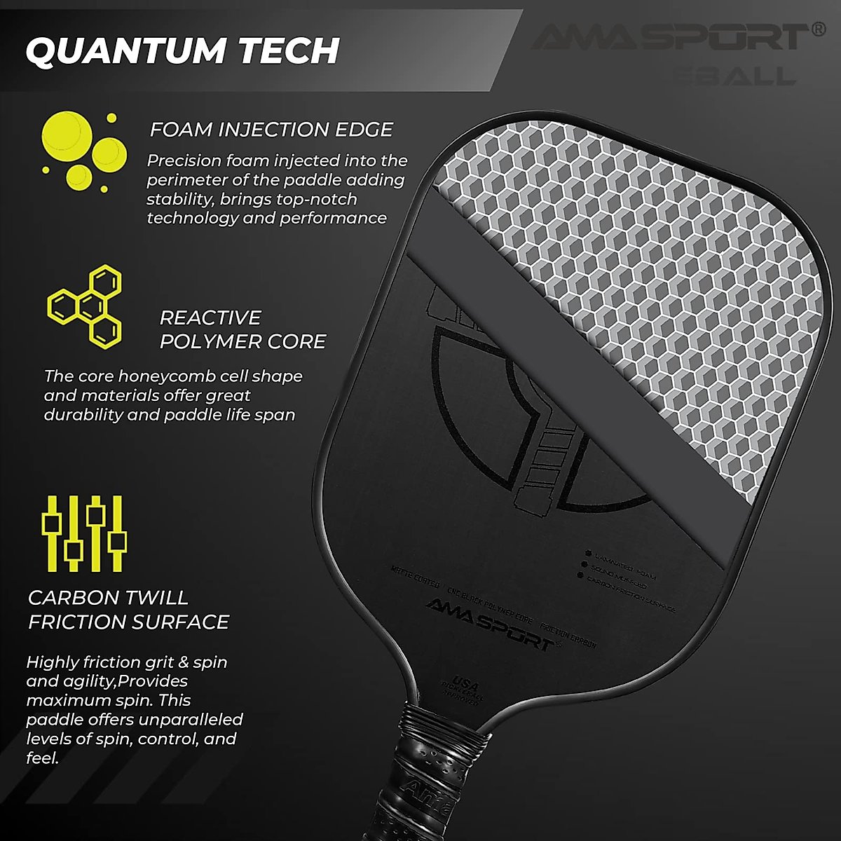 Quantum Pickleball Paddle JC003 - Featherweight Carbon Friction Textured Surface with High Grit & Spin and Agility, Super Lightweight Pickleball Rackets with Highly Flexible and Fast Shot