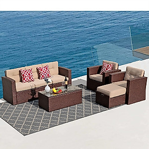 Super Patio Outdoor Furniture 7 Pieces Patio Furniture Set, Rattan Patio Conversation Sets with Coffee Table, Outdoor Wicker Sectional Couch Sofa Set with Ottoman for Deck, Garden, Porch, Brown